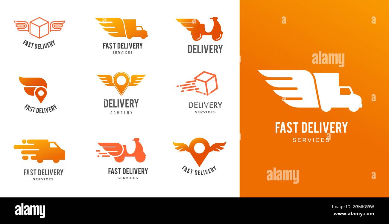 Blue delivery logos collection, set of emblems, symbols and icons. Fast ...