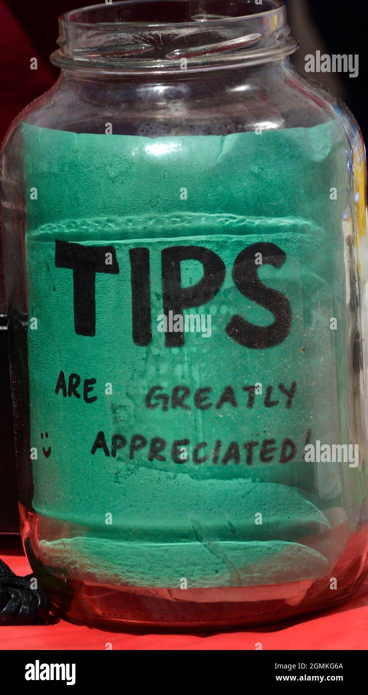 A tip jar at an outdoor food vendor booth in Santa Fe, New Mexico Stock ...