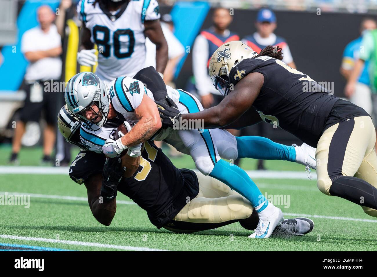 September 19, 2021: New Orleans Saints defensive end Malcolm Roach (97) cannot stop Carolina ...