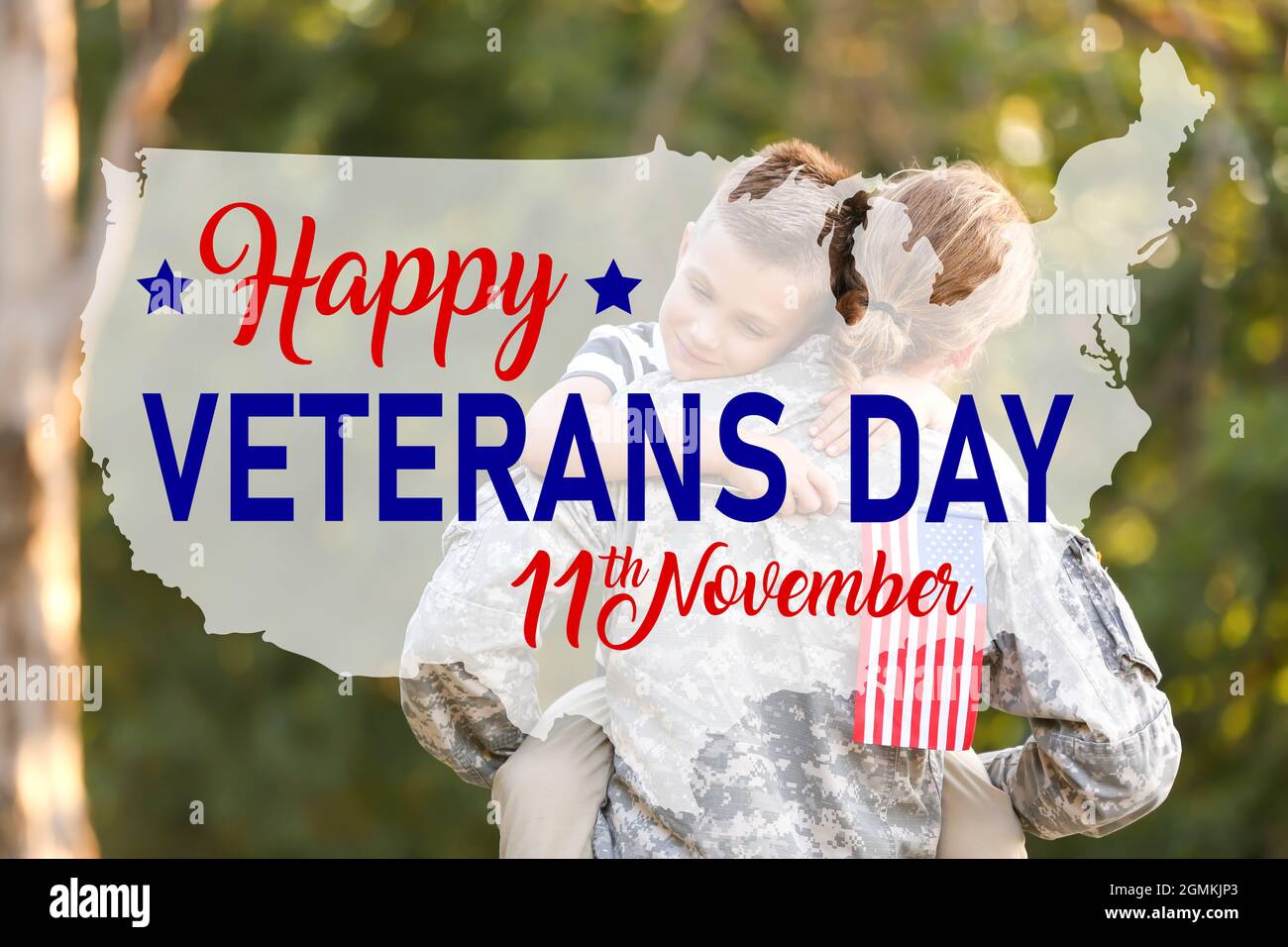 Greeting card for American Veterans Day with happy military man and his ...