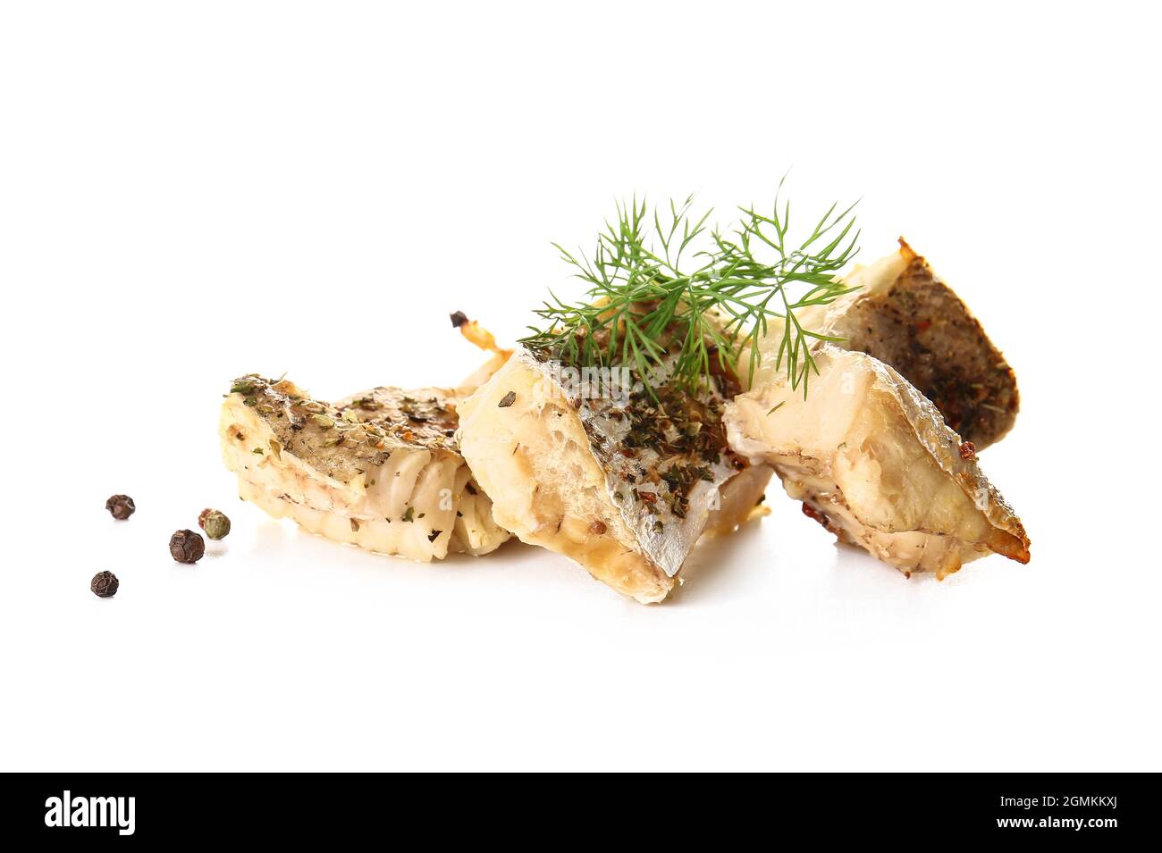Tasty baked cod fillet and dill on white background Stock Photo - Alamy