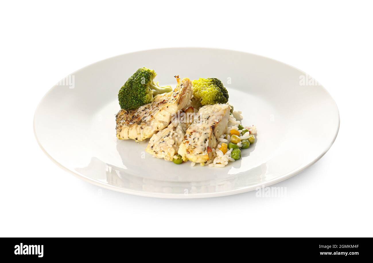 Plate with healthy baked cod fillet, rice and vegetables on white ...