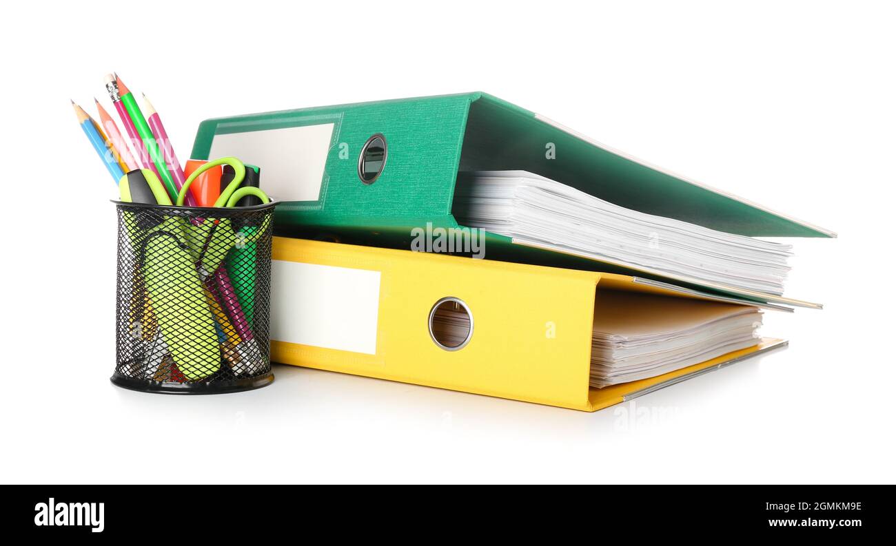 Office folders and stationery on white background Stock Photo - Alamy