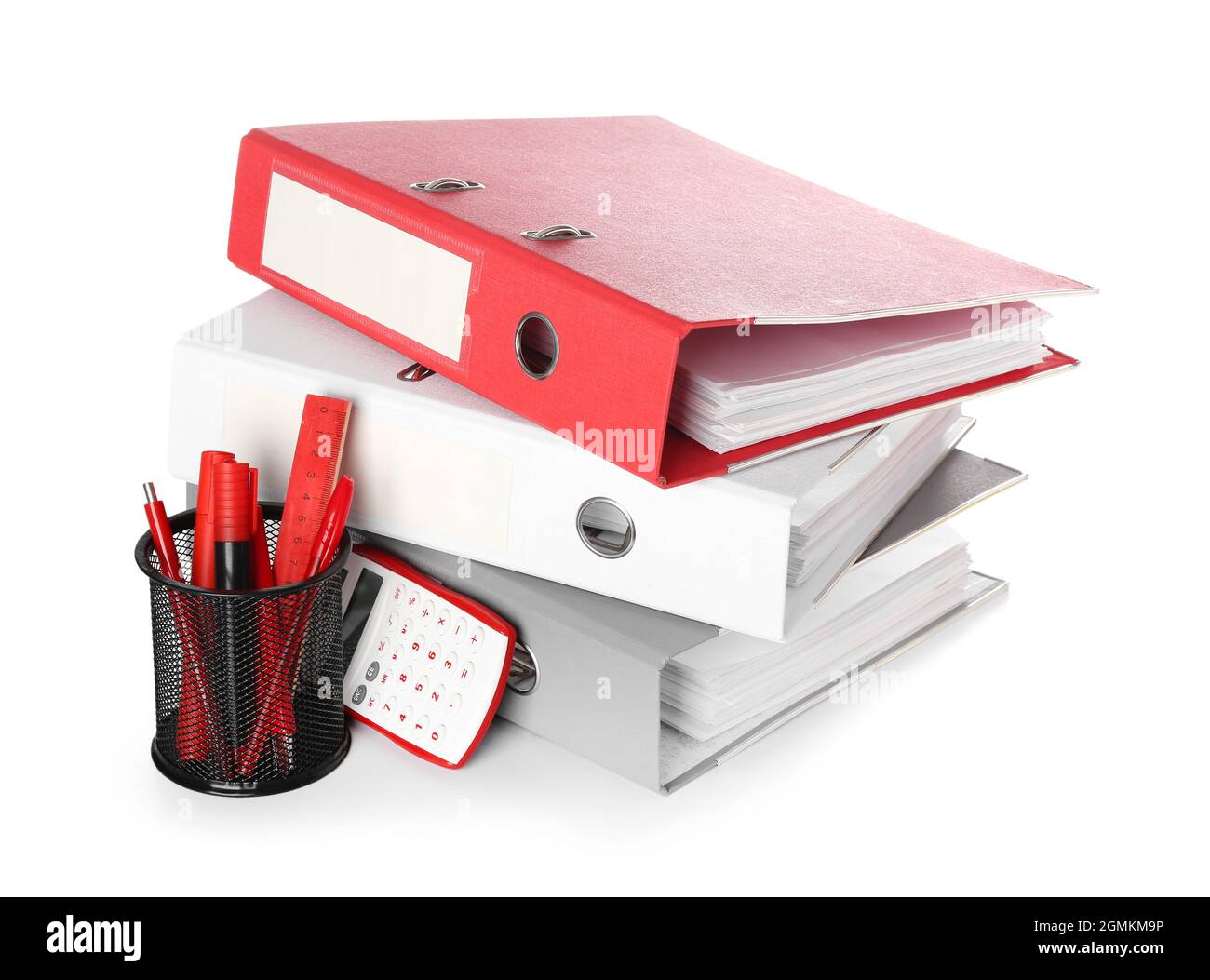 Office folders and stationery on white background Stock Photo - Alamy