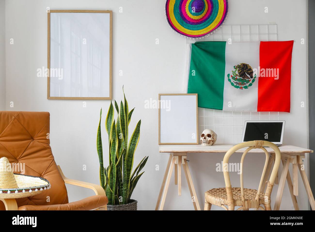 Interior of stylish room with workplace and Mexican flag Stock Photo ...