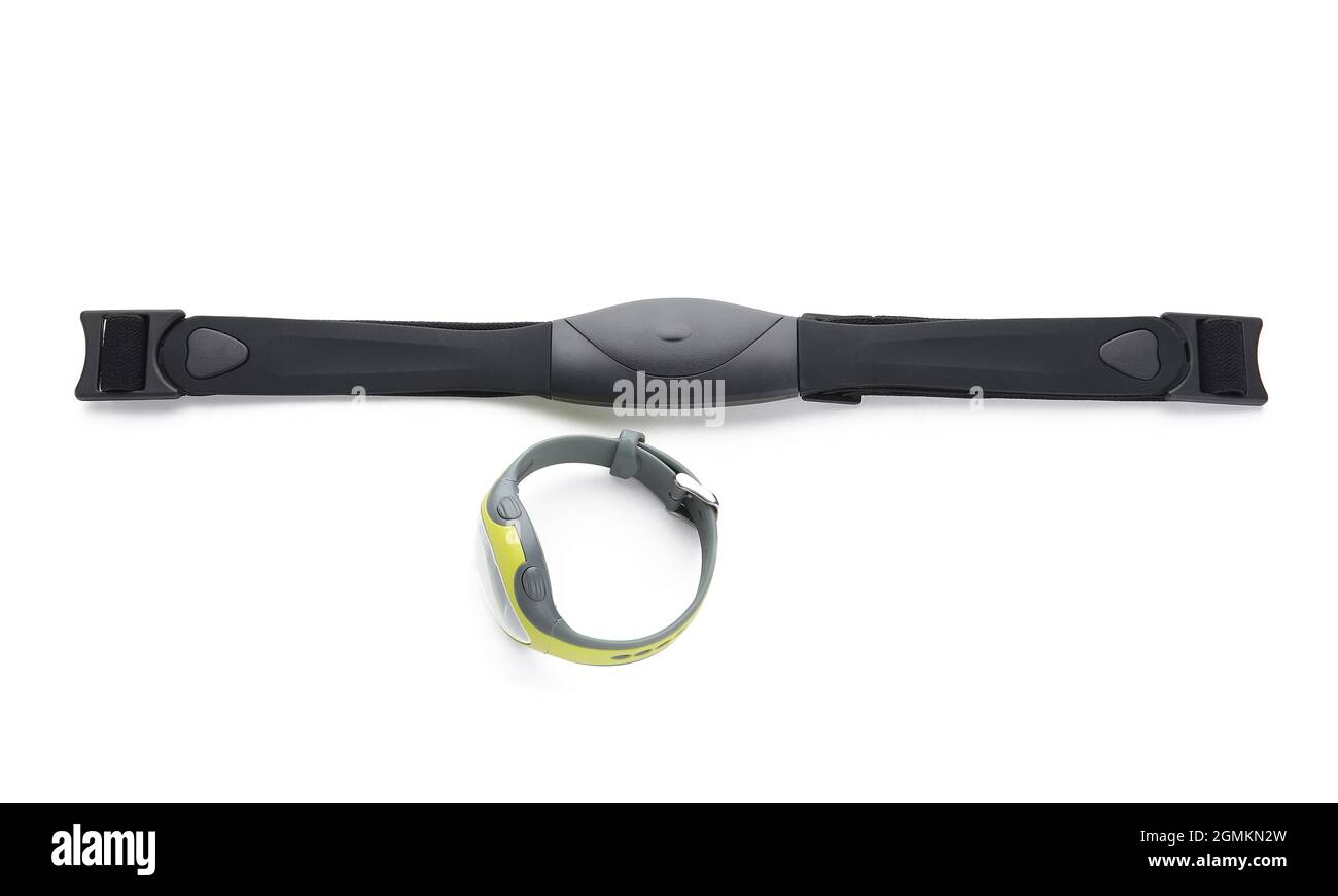 Heart rate monitor watch with chest belt on white background Stock ...