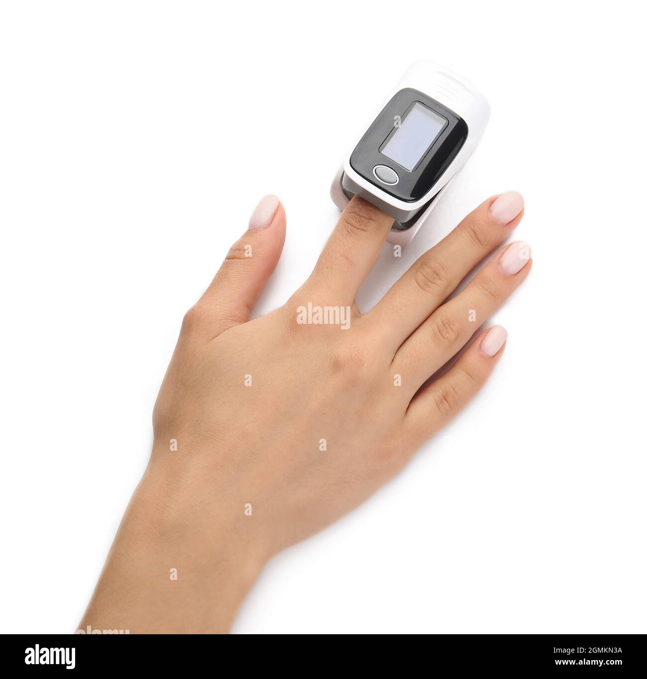 Woman with pulse oximeter on white background Stock Photo - Alamy