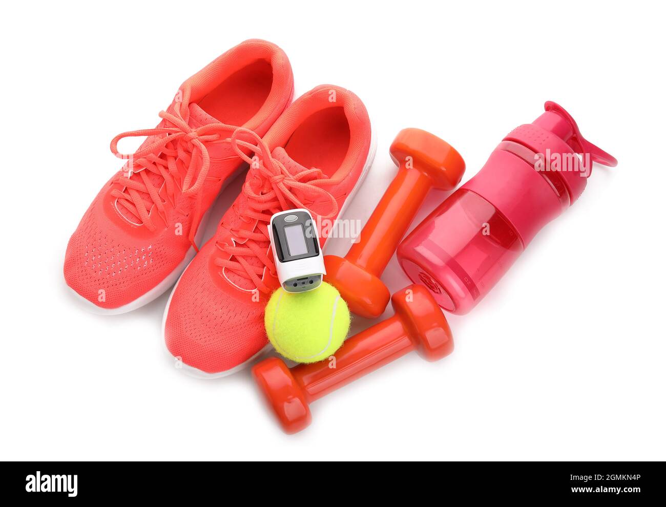 Set of sports items and pulse oximeter on white background Stock Photo ...