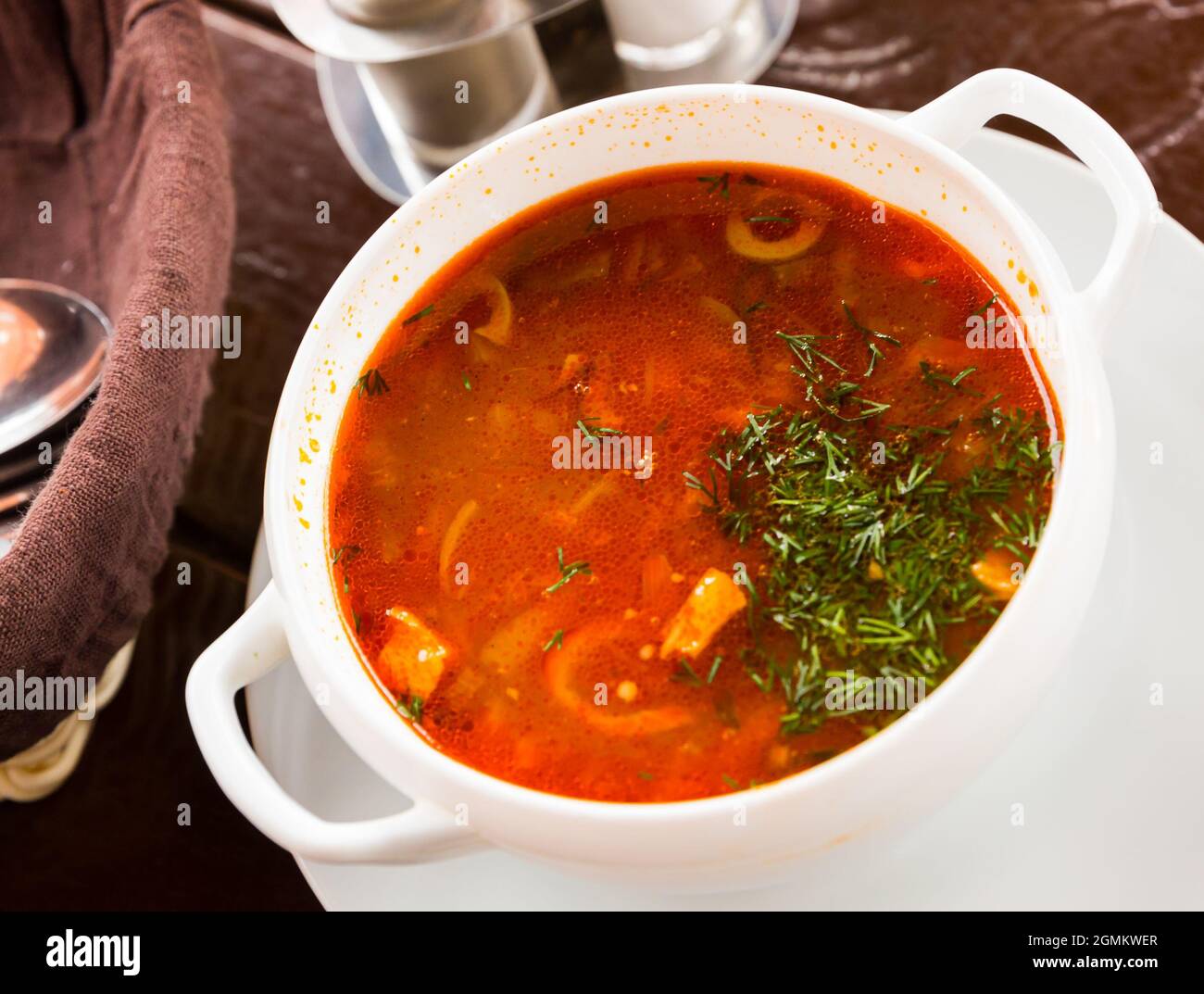 Russian cuisine - solyanka soup with various ingredients Stock Photo ...