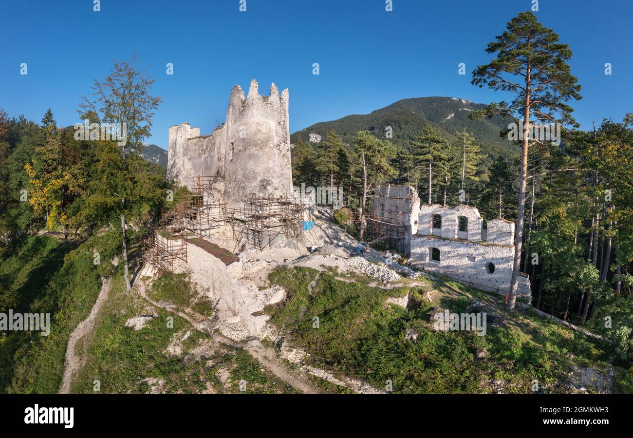 Aerial view of medieval Blatnica Gothic hilltop castle ruin above the ...