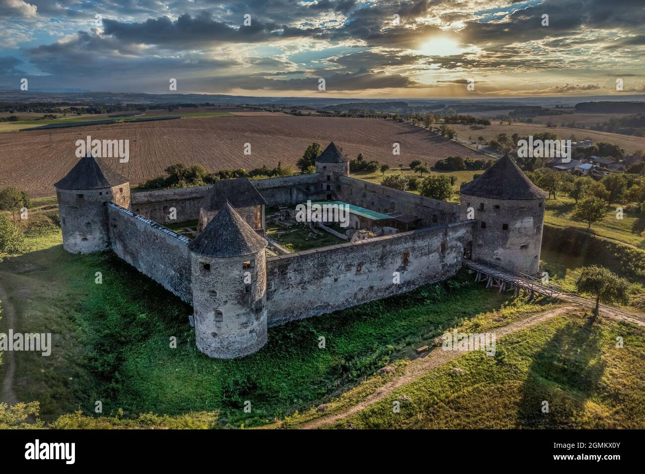 Aerial view of Bzovik, Bozok fortified monastery church in southern ...