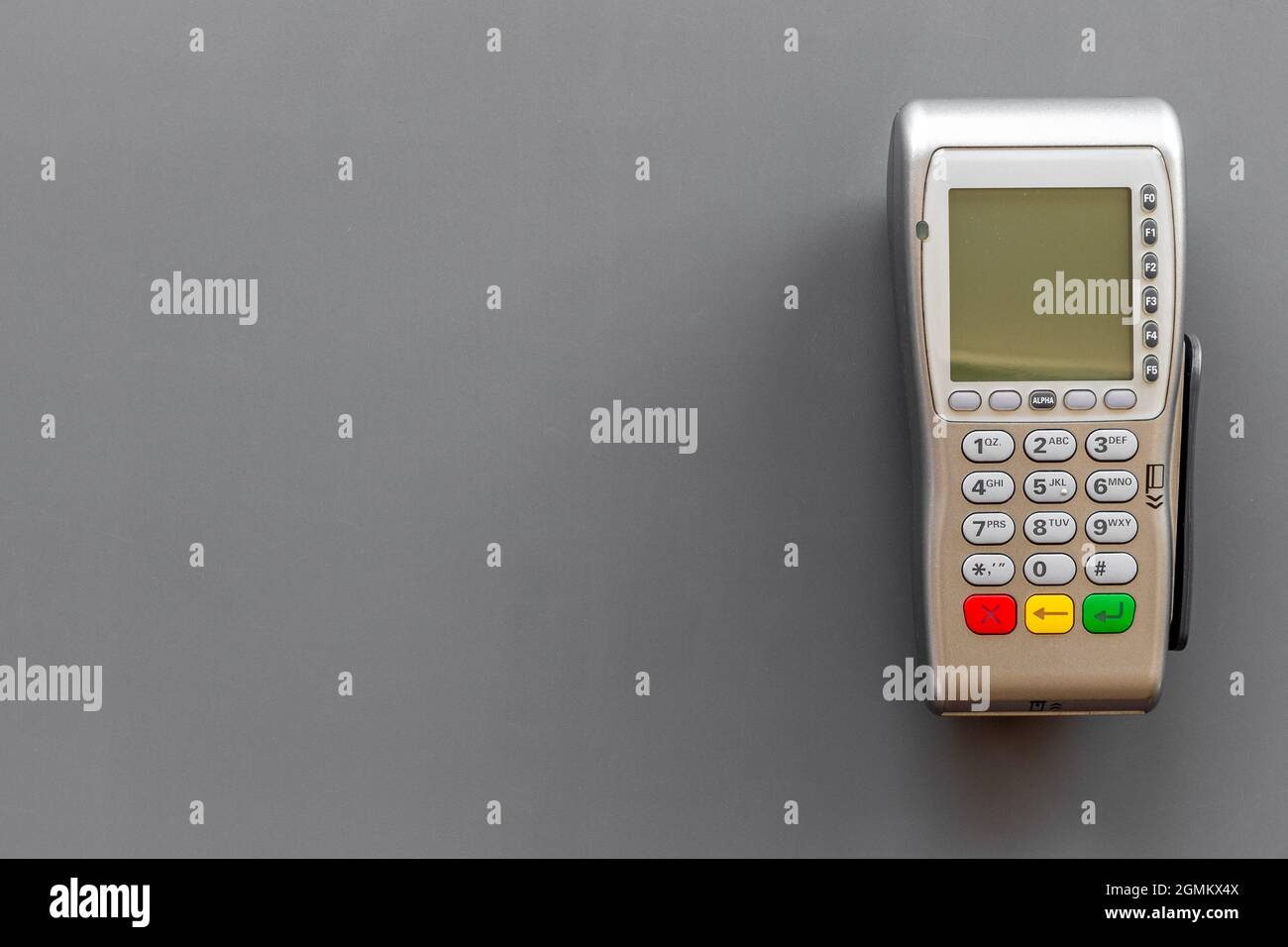 Payment transactions with pos credit card terminal, top view Stock ...