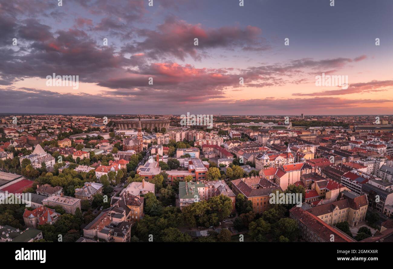 Dramatic colorful sunset sky above Budapest with views of the liget ...