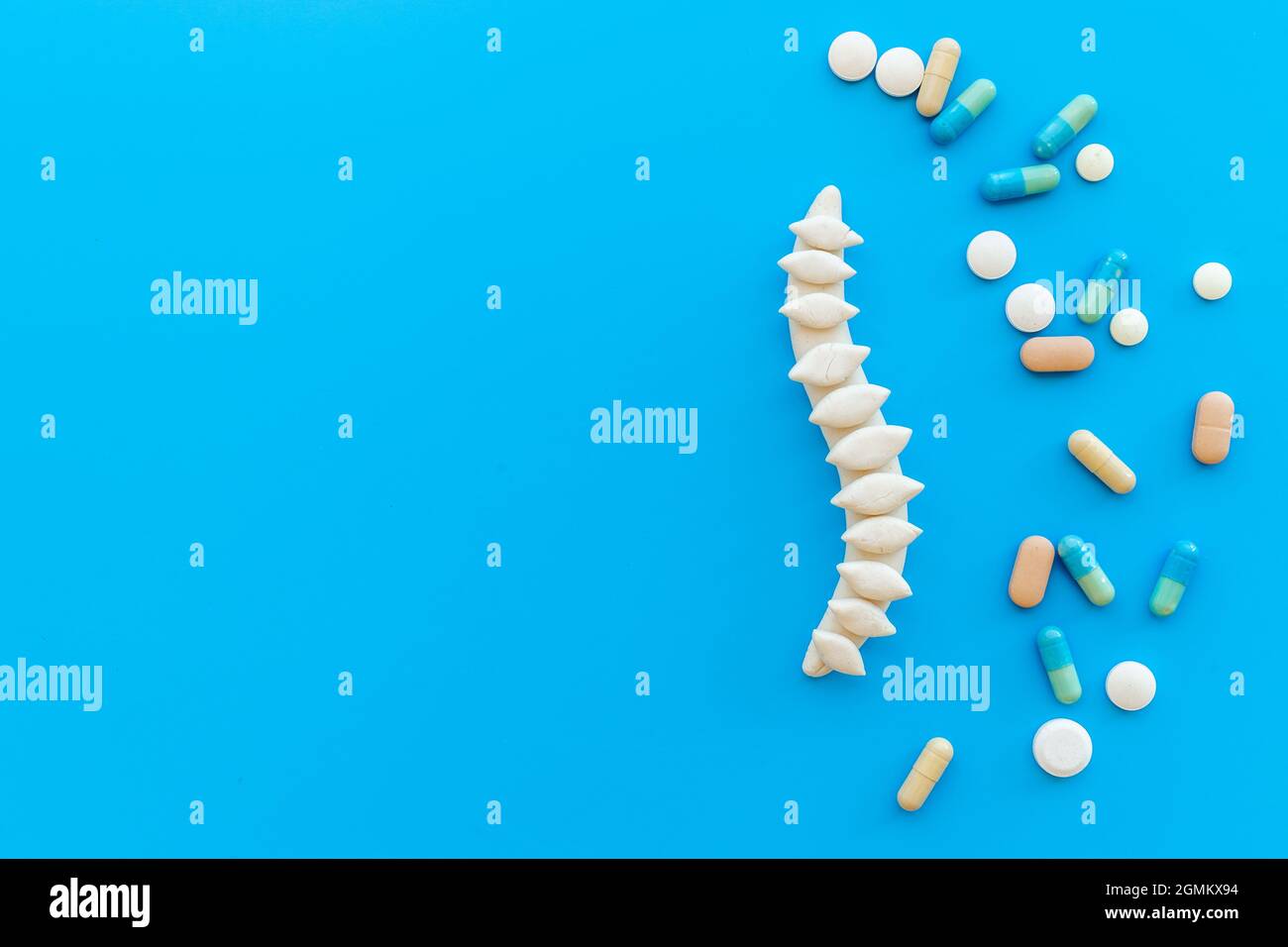 Anatomical spine skeleton with medical pills. Spinal diseases treatment ...