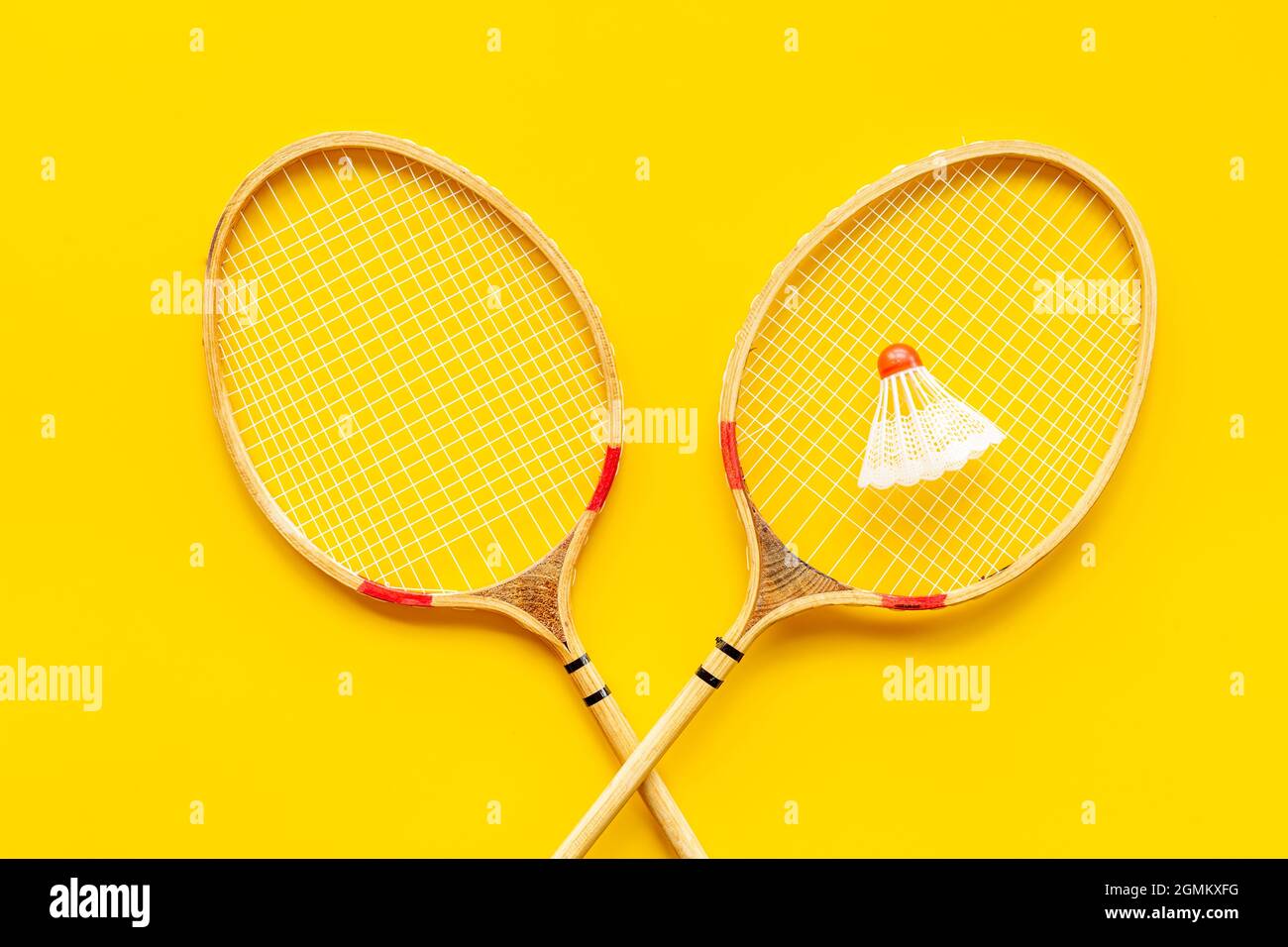 Two rackets and shuttlecock for playing badminton, top view Stock Photo ...