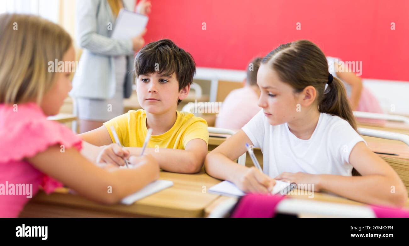 Preteen schoolchilds working in groups at lesson Stock Photo - Alamy