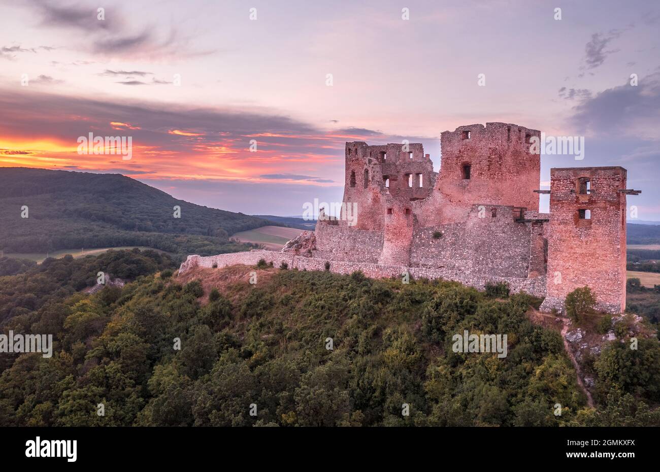Aerial view of ruined Gothic Csesznek castle in the Bakony region of ...