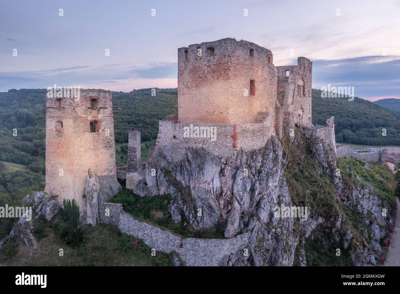 Aerial view of ruined Gothic Csesznek castle in the Bakony region of ...