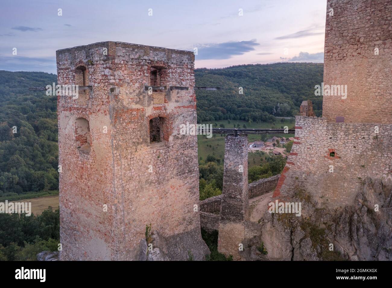 Aerial view of ruined Gothic Csesznek castle in the Bakony region of ...