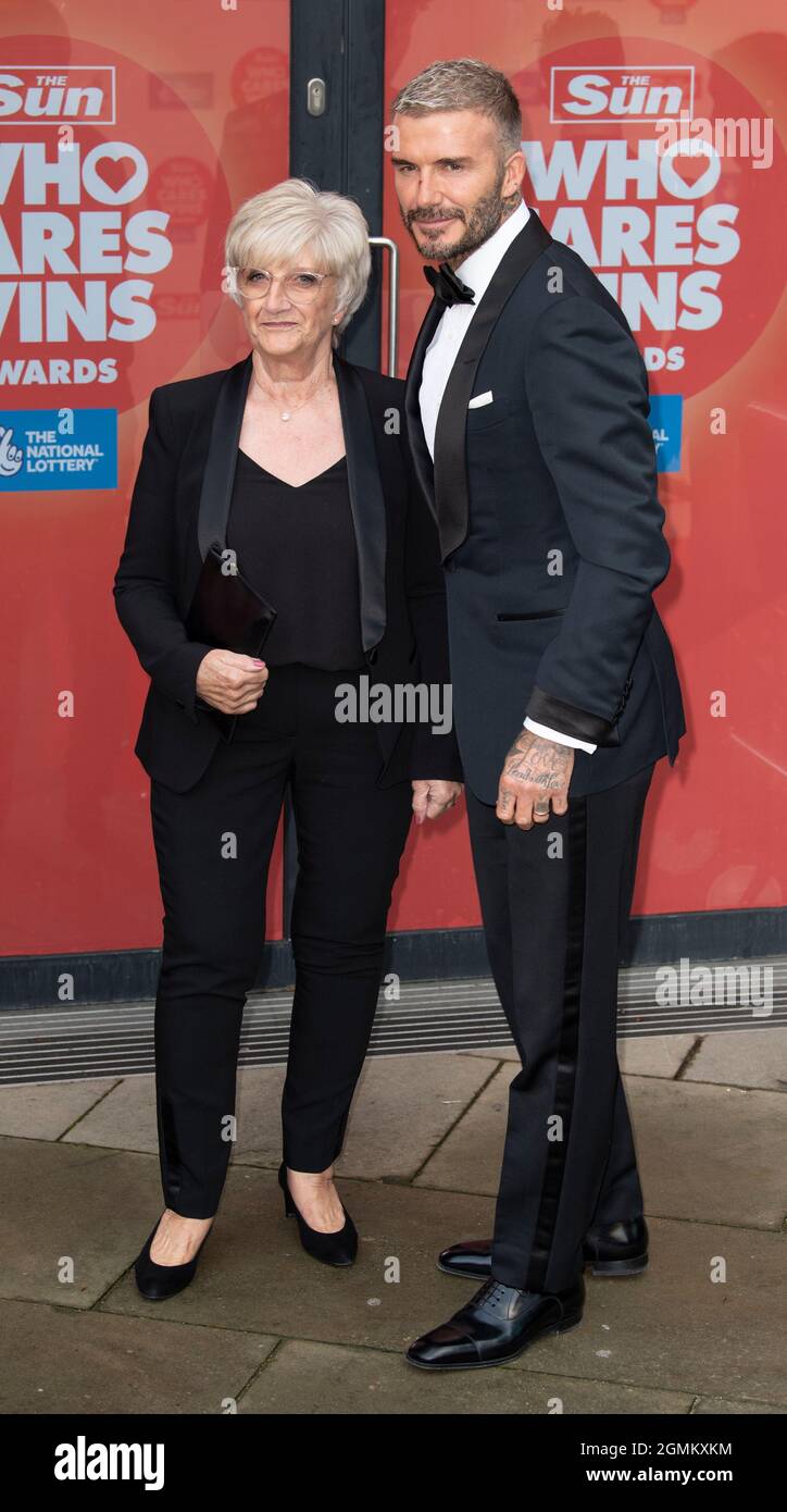 David Beckham and mother Sandra Beckham attend the Sun's Who Cares Wins ...