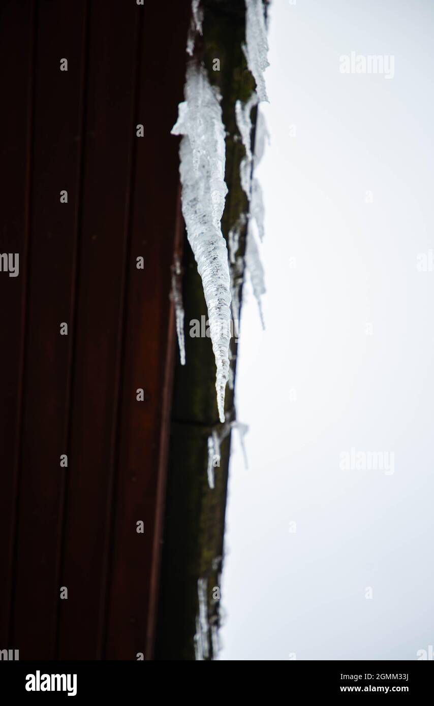 A big beautiful icicle hanging from the roof Stock Photo - Alamy