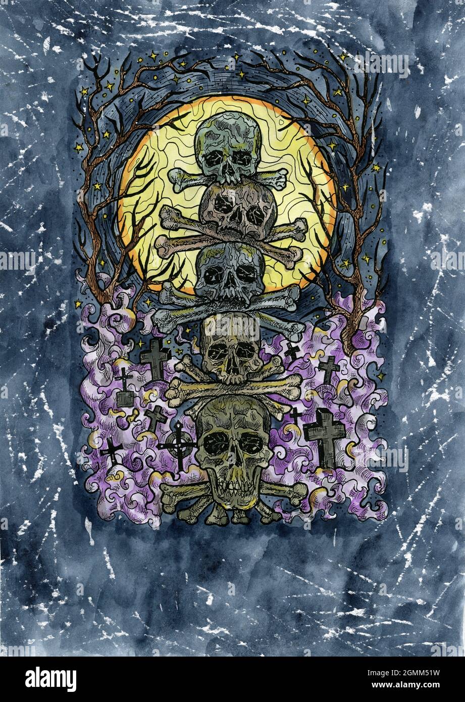 Grunge watercolor illustration of creepy skulls at cemetery against ...