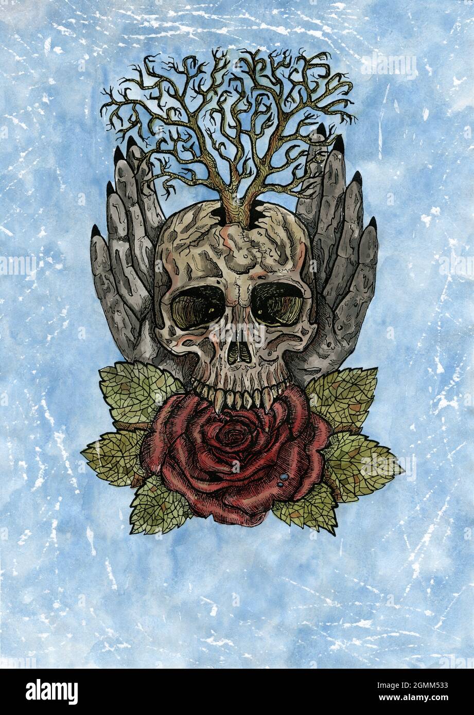 Grunge watercolor illustration of creepy skull as wiccan symbol of ...
