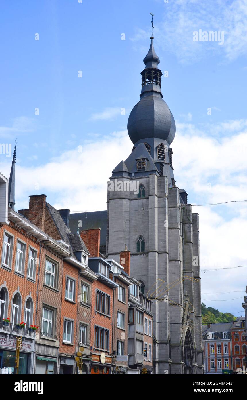 Dinant, Belgium, Notre Dame de Dinant, church, view into the street at ...