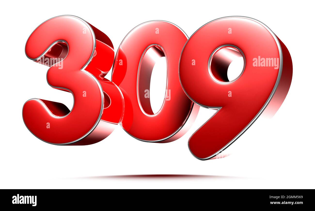 Rounded red numbers 309 on white background 3D illustration with ...