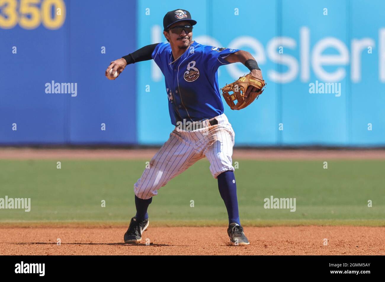 Sep 19, 2021: Biloxi Shuckers infielder David Hamilton (14) throws to ...