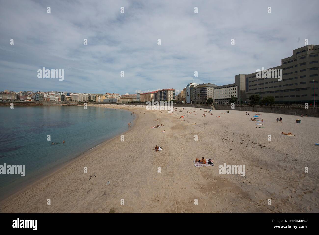 Panoramic view of Orzan beach and the city of La Coruna, in the Galicia ...