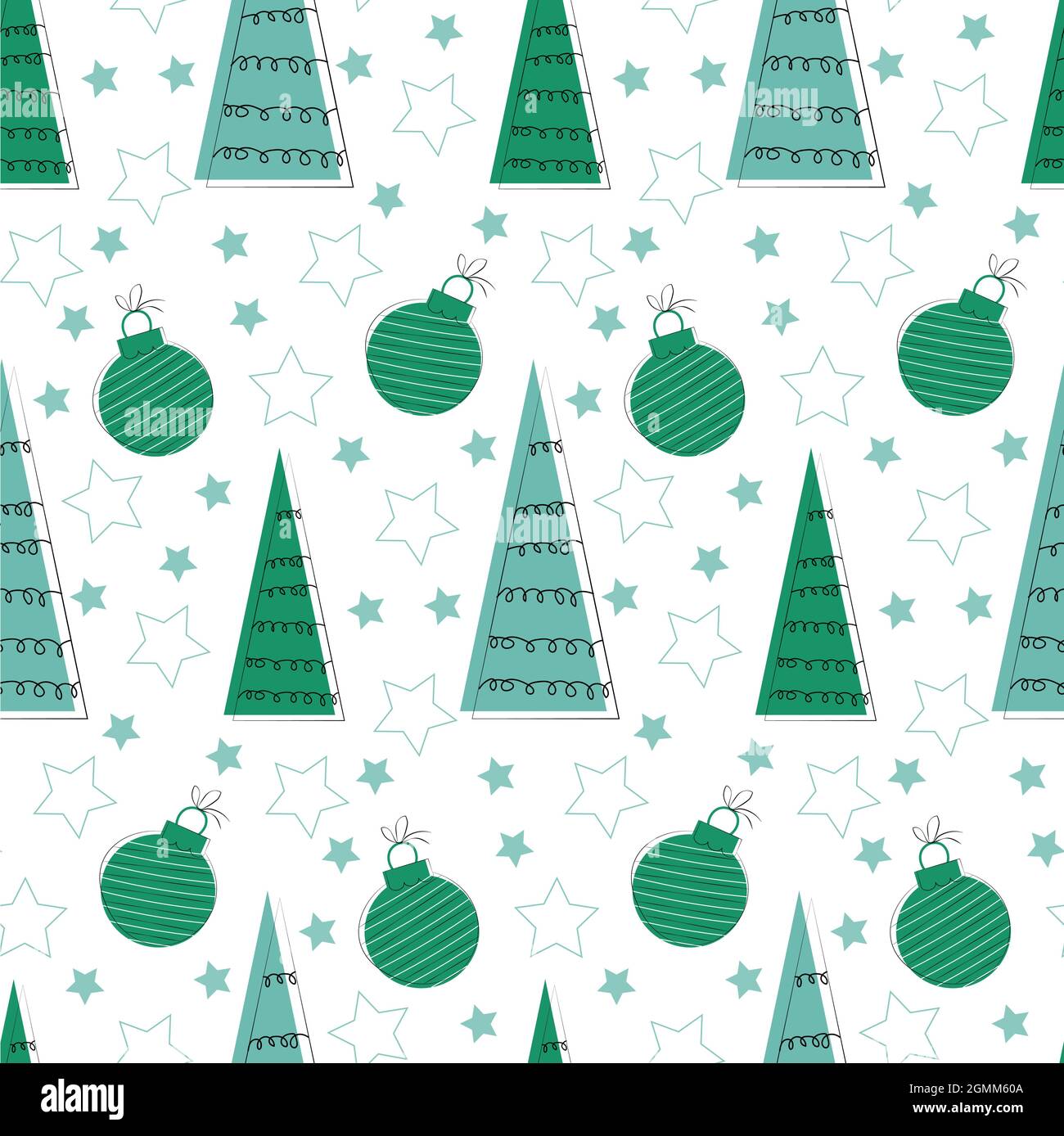 A pattern of green trees and balls. Christmas. Abstract and stylized ...