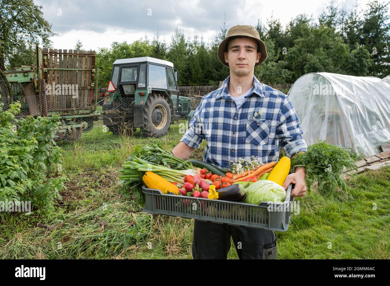 Teenager Successful Farm Owner holding a plastic crate Box full of Ripe ...