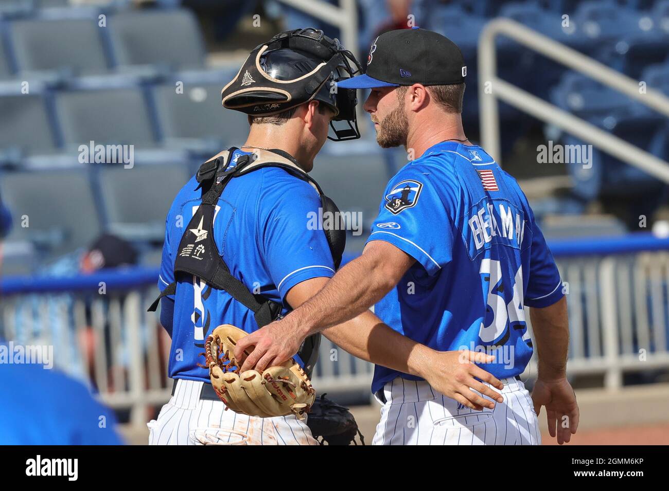 Sep 19, 2021: Biloxi Shuckers catcher Brent Diaz (8) and pitcher Cody ...