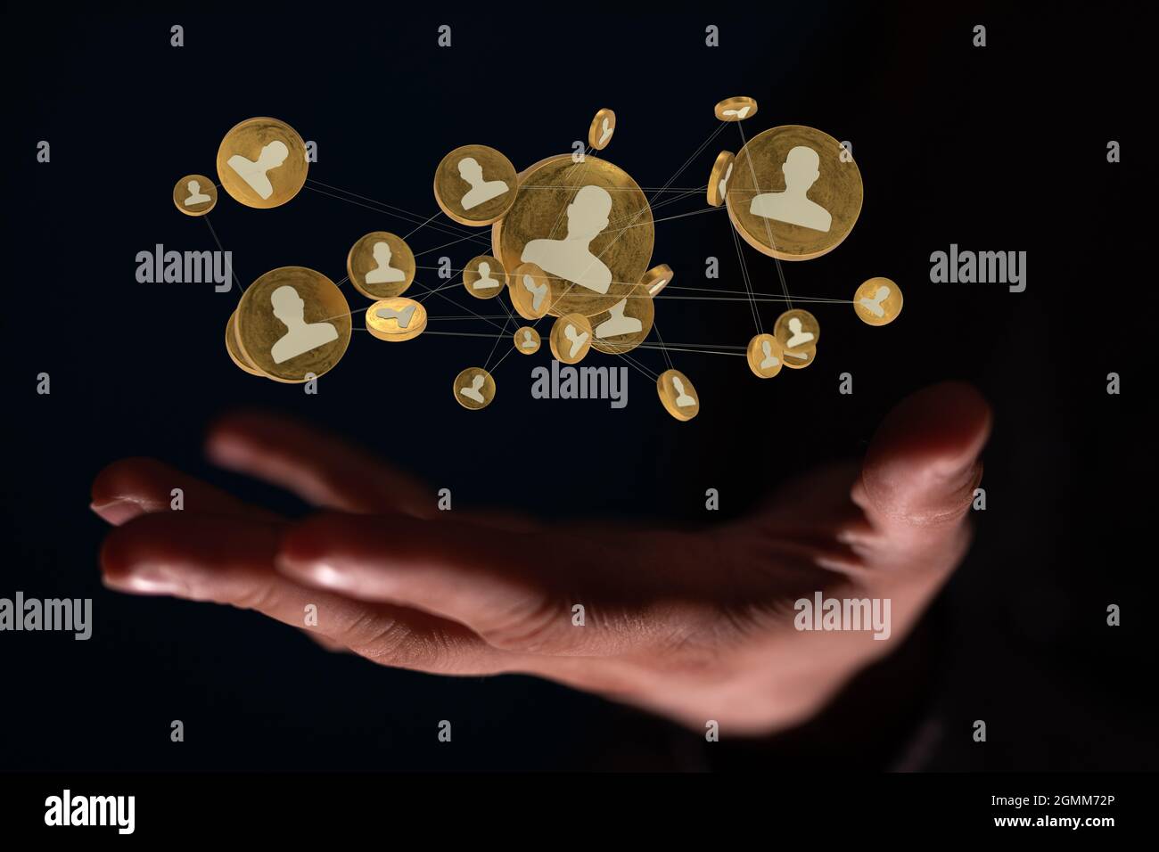 3D rendering of an abstract human icons on hand- network of physical ...
