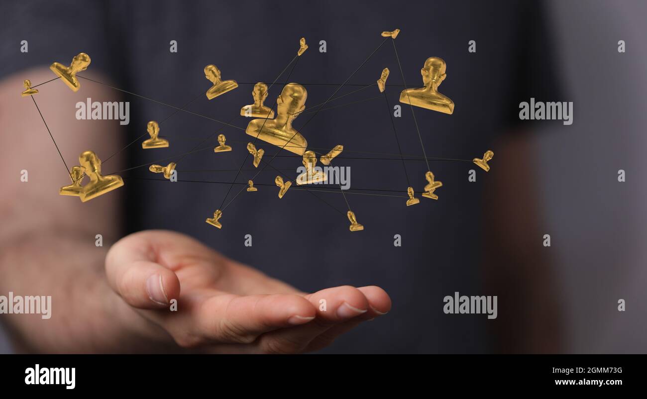 3D rendering of an abstract human icons on hand- network of physical ...