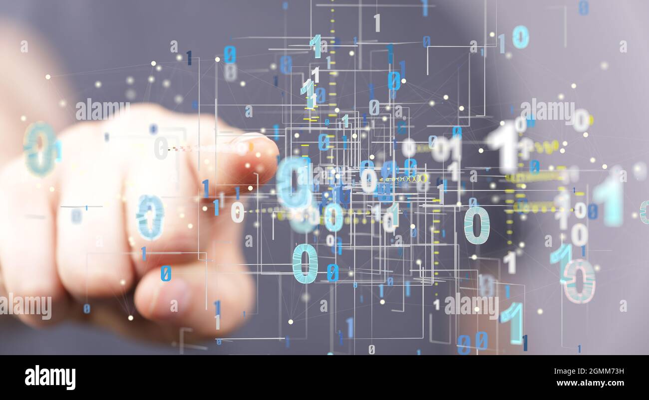 Hand pointing into a digital binary codes- concept for futuristic wave and futuristic data ...