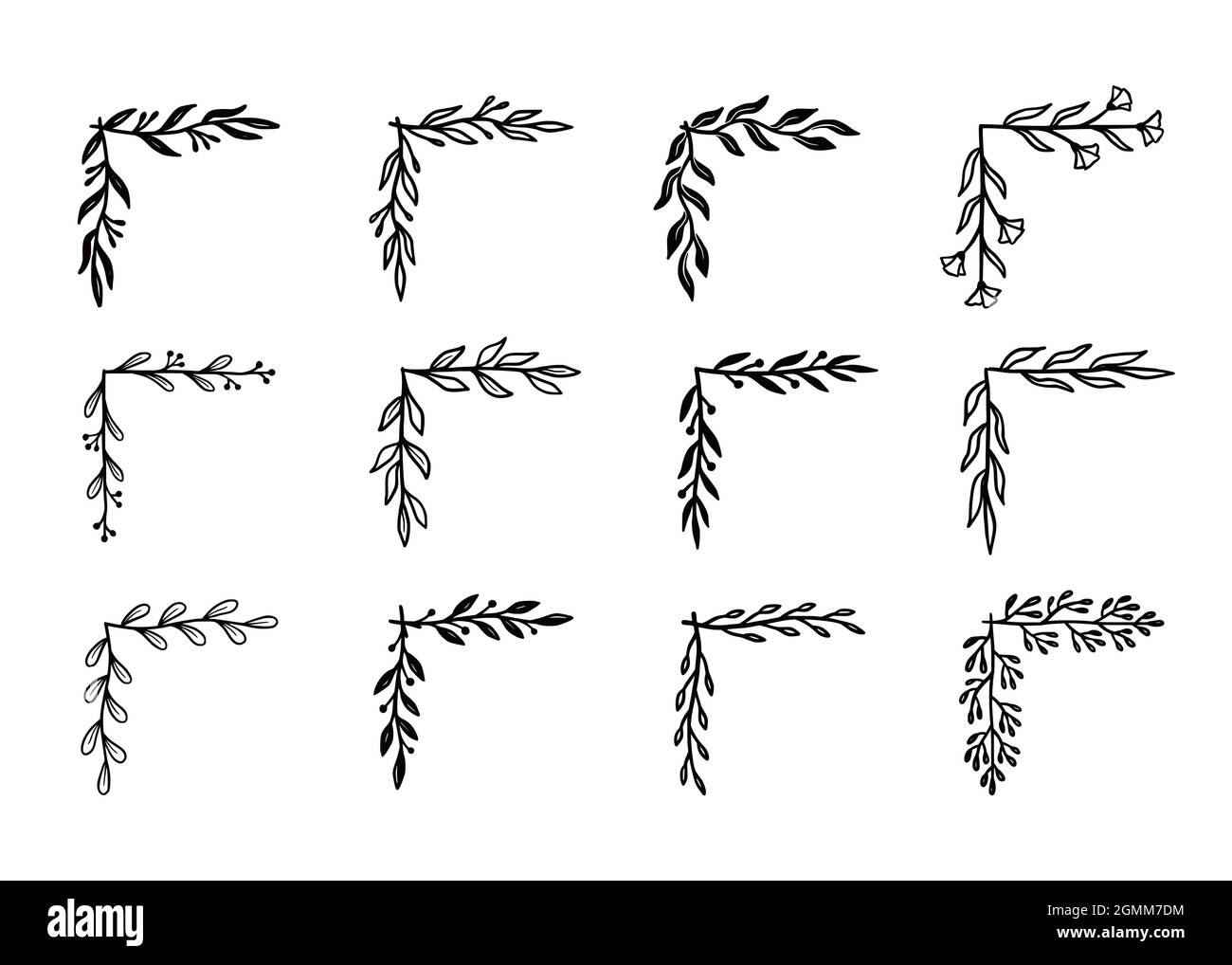 Corner flourish border set. Hand drawn doodle style corner with rustic ...