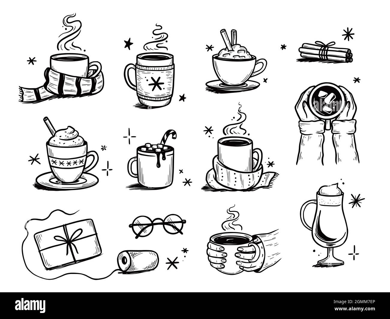 Christmas hot drink set of winter coffee, tea, chocolate. Hand drawn ...