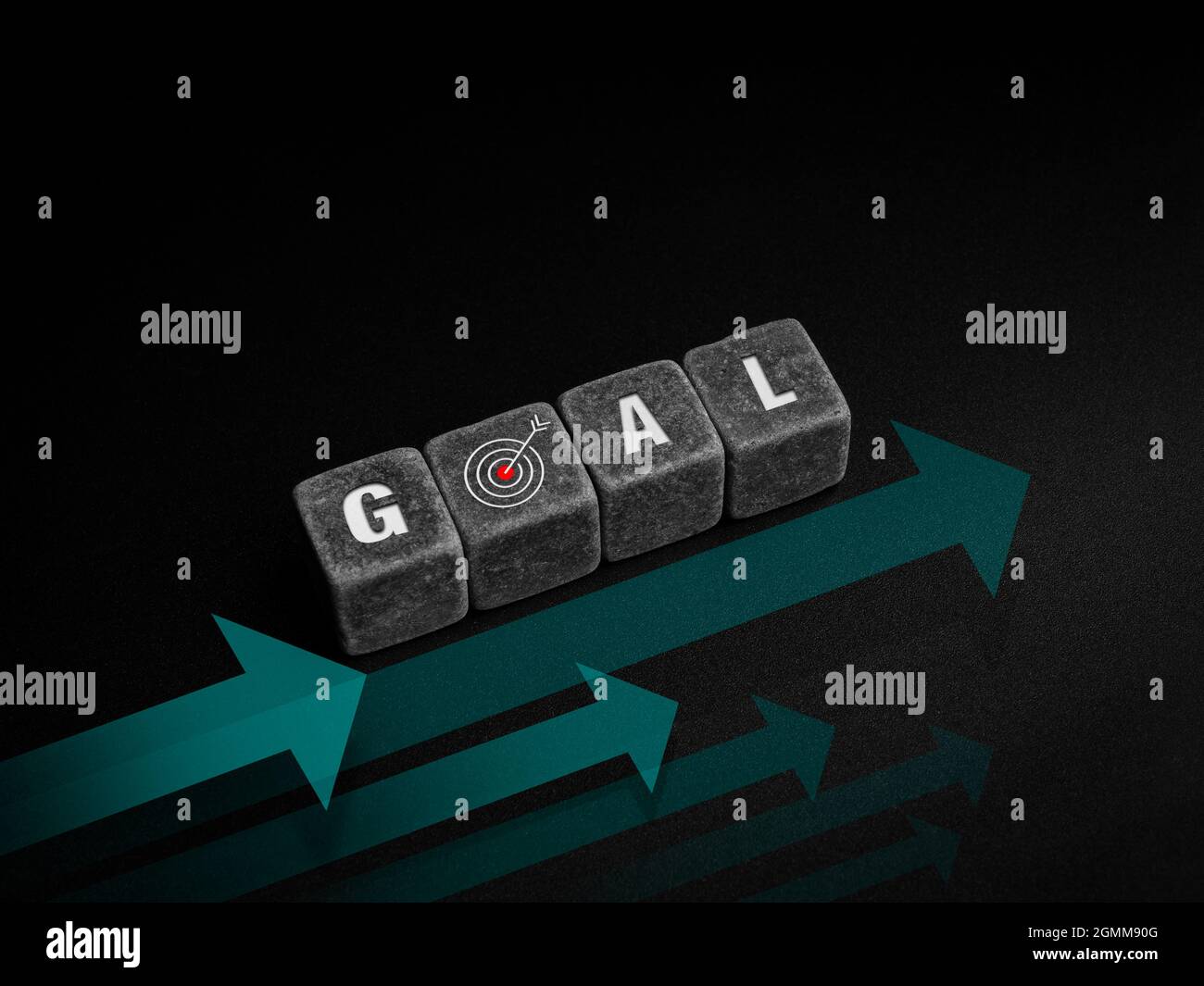 Goals concept. Goal, white word and target icon sign on black cube ...