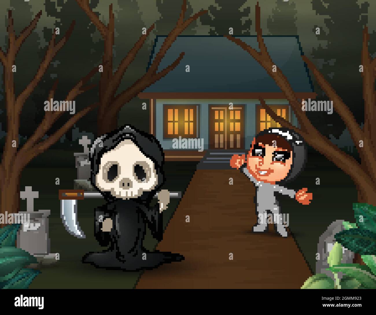 Happy cartoon of grim reaper and skeleton on the home page Stock Vector ...