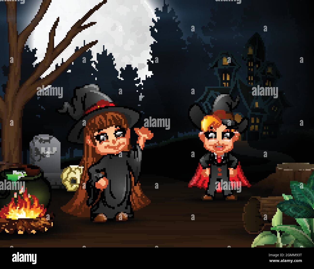 Cartoon of witch and vampire outdoors in the night Stock Vector Image ...