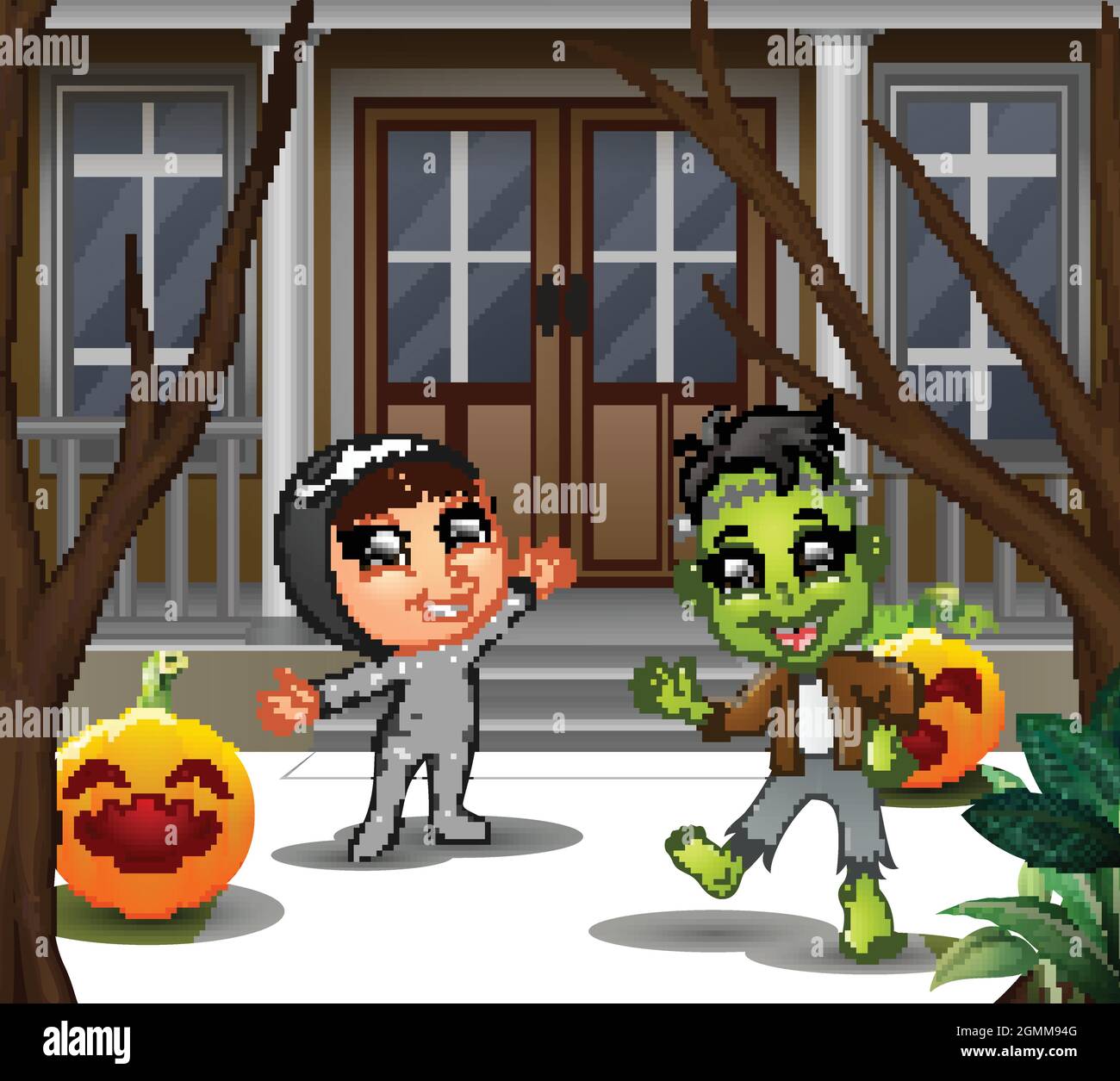 Cartoon of frankenstein and skeleton standing in front of the house ...