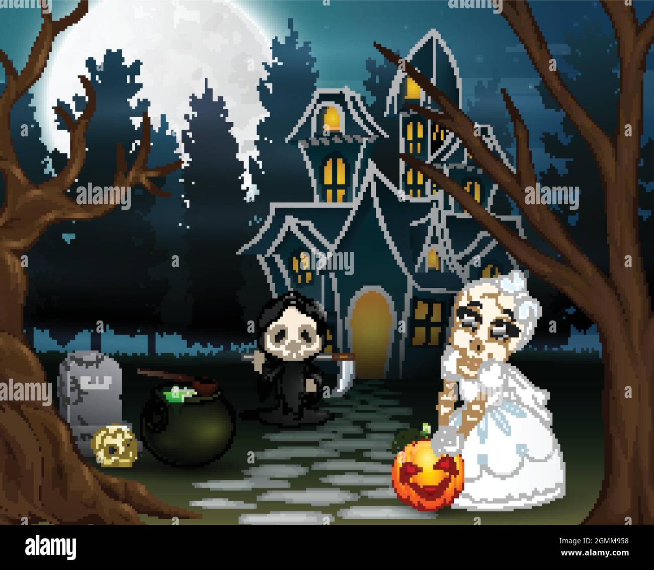 Cartoon of grim reaper and skull bride in the halloween day Stock ...
