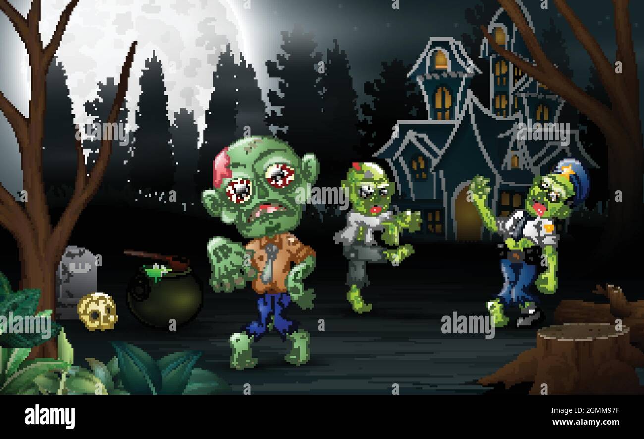 Cartoon three zombie celebration a halloween party in the outdoors ...