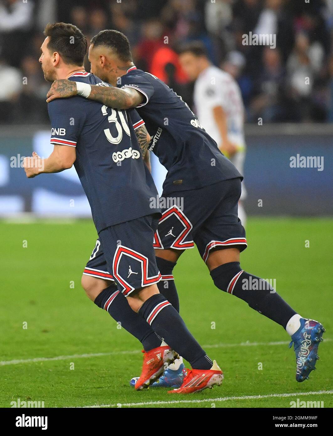 PSG's Neymar and Lionel Messi celebrate during the Ligue 1 Paris Saint ...