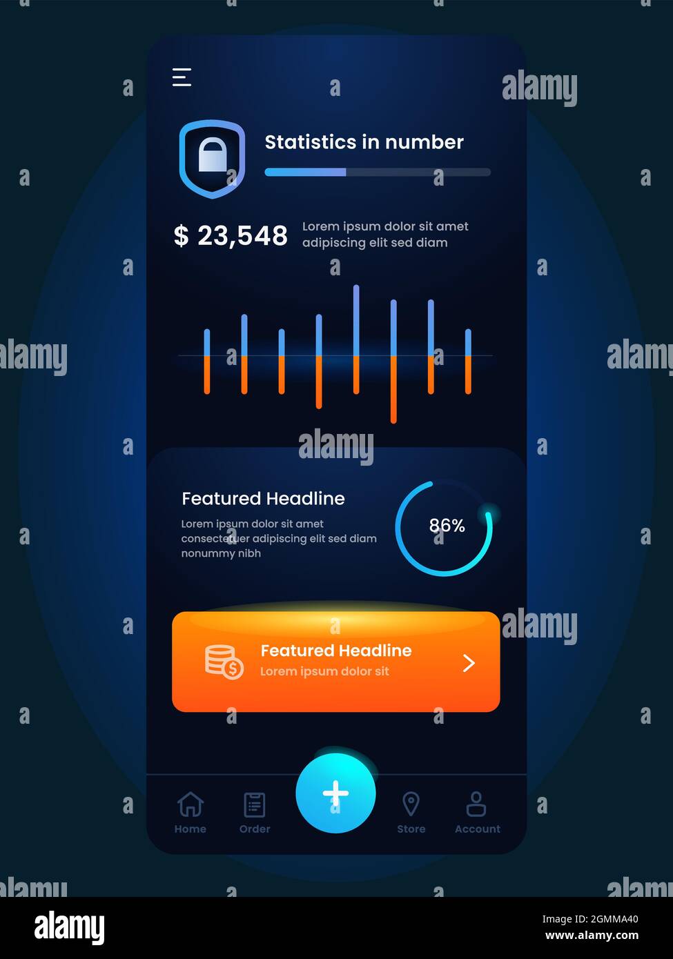 Dark blue mobile user interface layout of data statistics chart ...