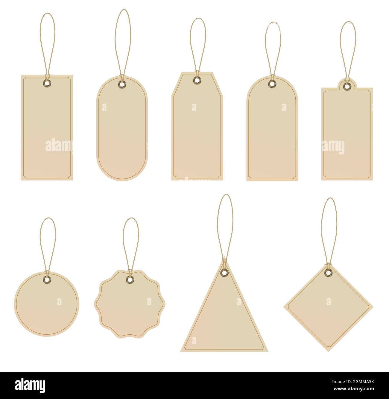 Set of tags on craft paper with rope. Blanks with rope. Shopping labels ...