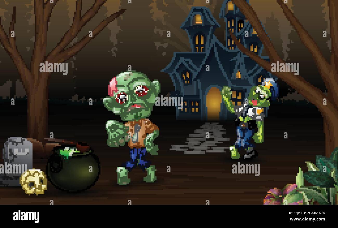 Celebration two zombie outdoors with haunted house background Stock ...