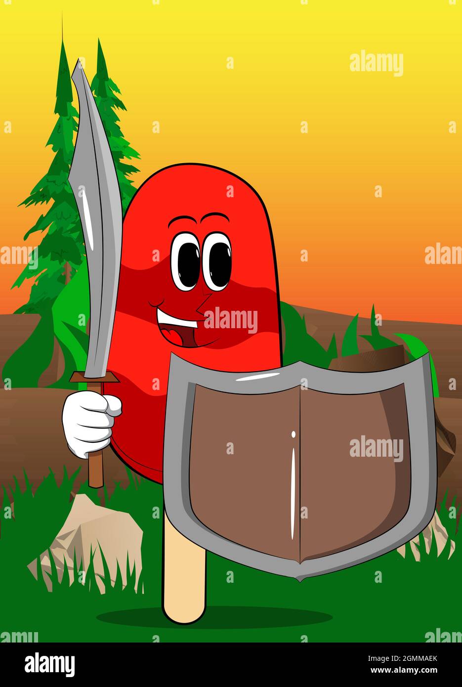 Ice Cream holding a sword and shield. Summer refreshment, sweet food as ...